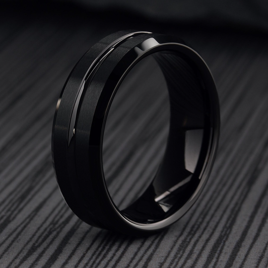 Black Ember | Men's Modern Black Wedding Band With Polished Groove ...