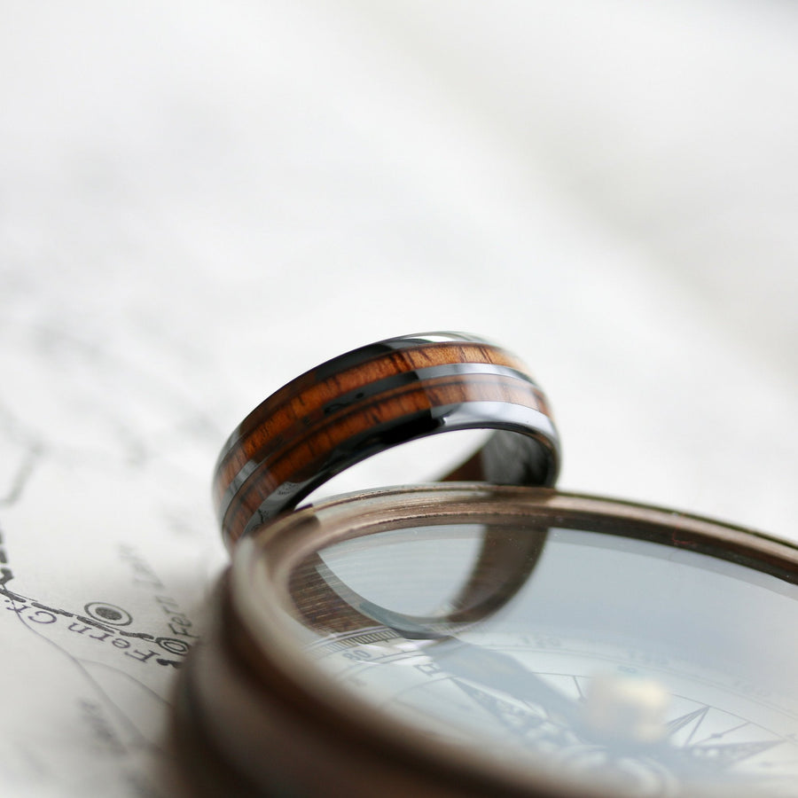 Barrel Ceramic Koa Wood Ring | Men's Wooden Barrel Wedding Ring ...